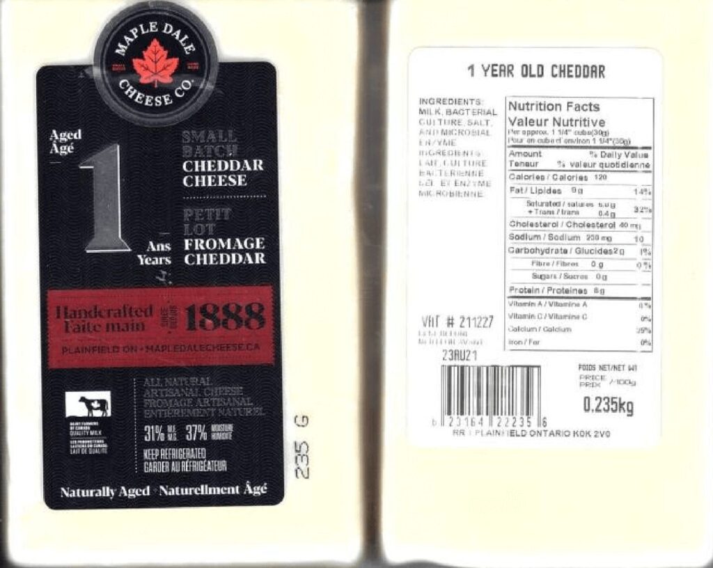 Maple Dale Cheese Co. brand 1 year old Cheddar recalled due to Listeria ...