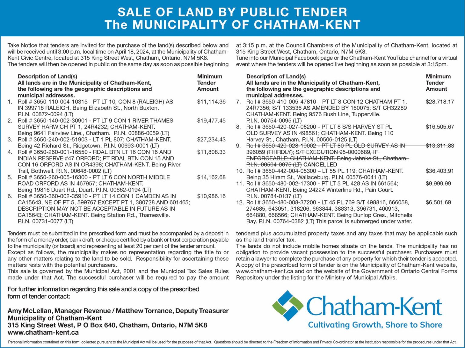 SALE OF LAND BY PUBLIC TENDER – The Municipality of Chatham-Kent – The ...